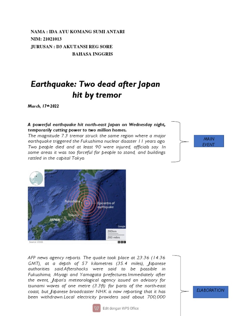 Ida Ayu Komang Sumi Antari (21021013) .. Bahasa Inggris | PDF | Earthquakes | Fukushima Daiichi ...