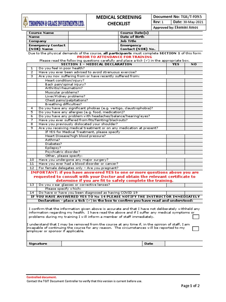 Medical Screening Checklist | PDF | Health Care | Human Diseases And ...