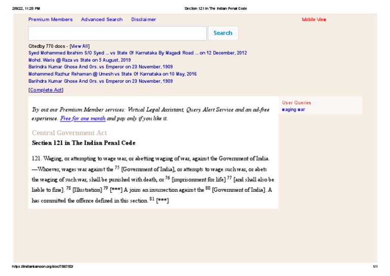 Section 121 in The Indian Penal Code | PDF
