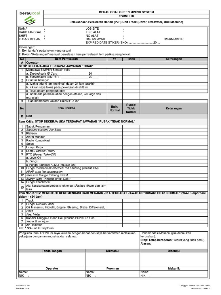 MONITORING KONDISI ALAT BERAT DALAM PELAKSANAAN P2H | PDF