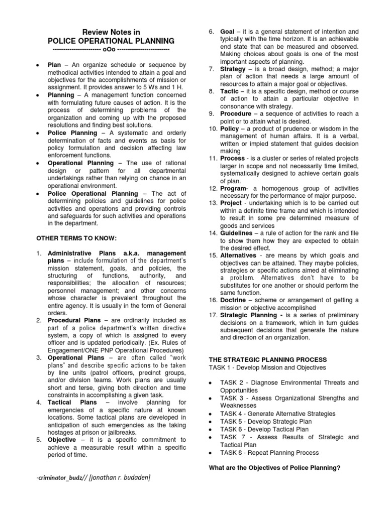 Review Notes in Police Operational Planning: - // (Jonathan R. Budaden ...