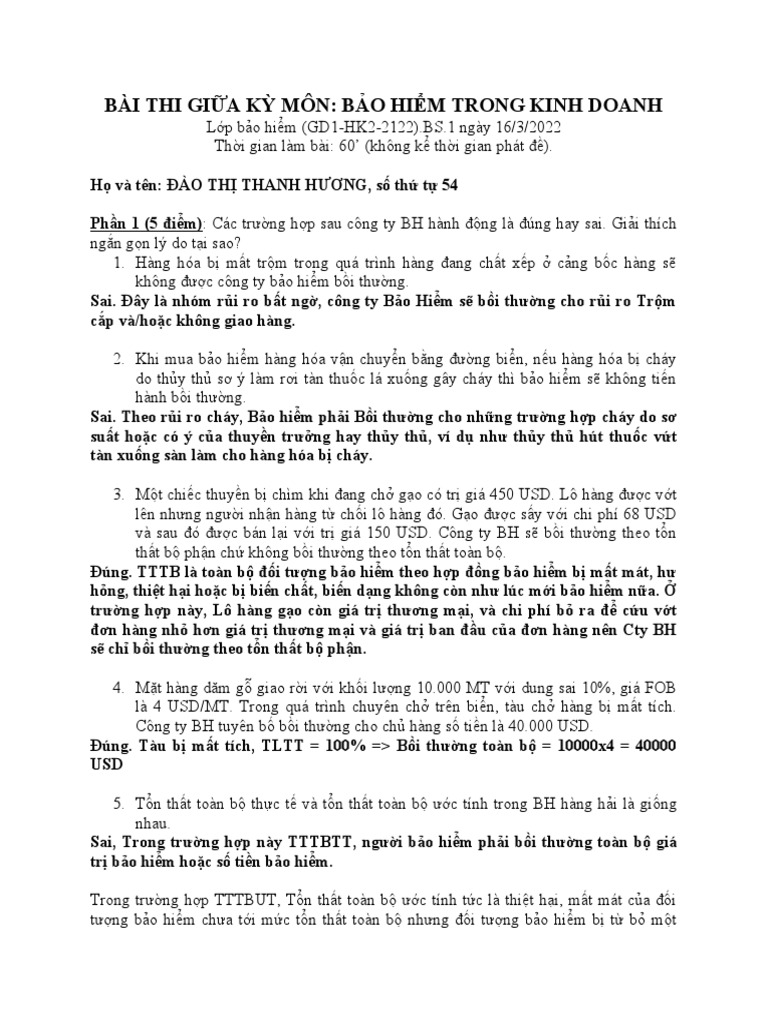ĐỀ THI GIỮA KỲ MÔN BH. lớp (GD1-HK2-2122) .BS.1 | PDF