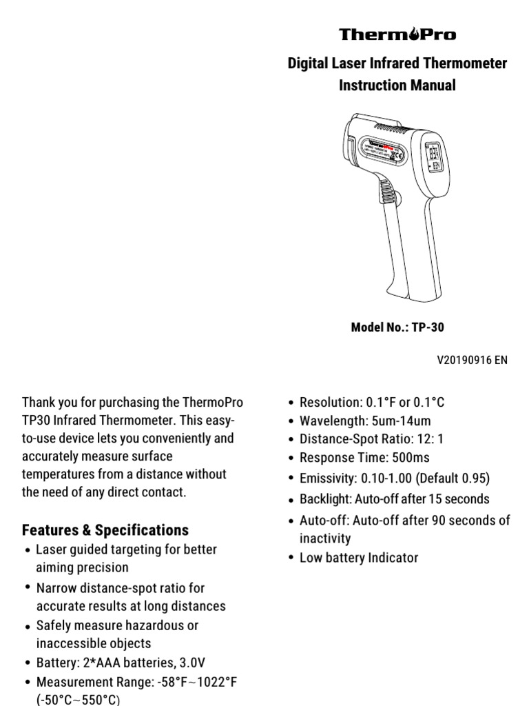 Digital Laser Infrared Thermometer Instruction Manual: Model No.: TP-30 ...