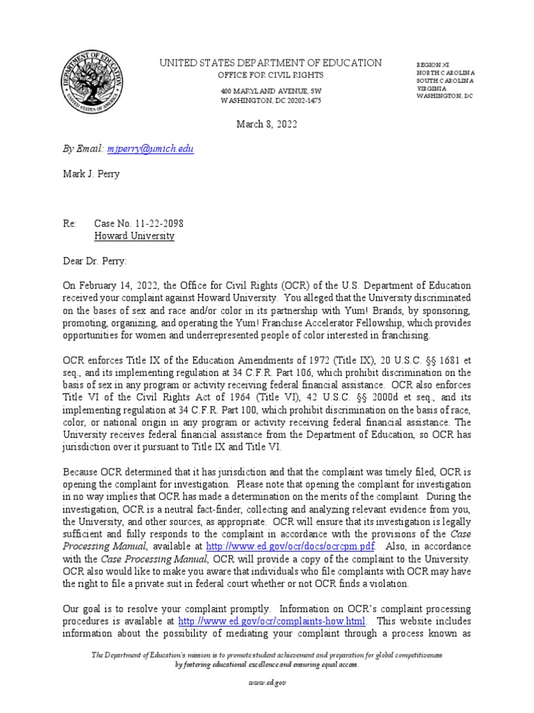 Office For Civil Rights Letter To Howard University | Download Free PDF ...