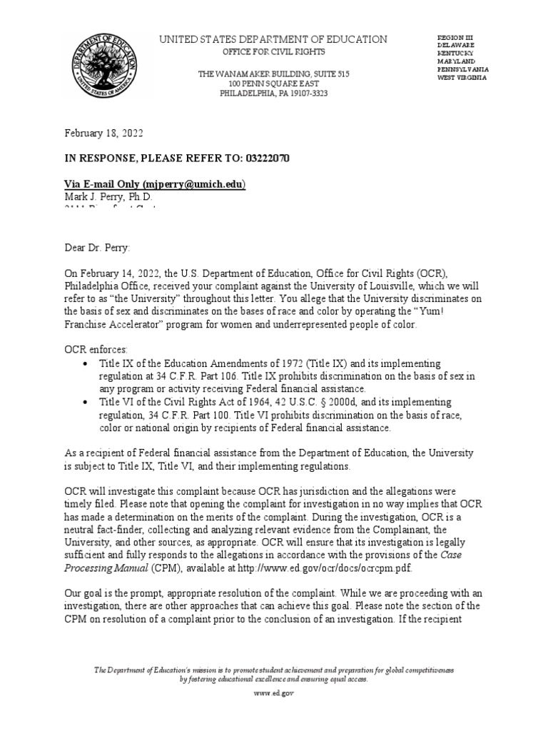 Office For Civil Rights Letter To University of Louisville | PDF