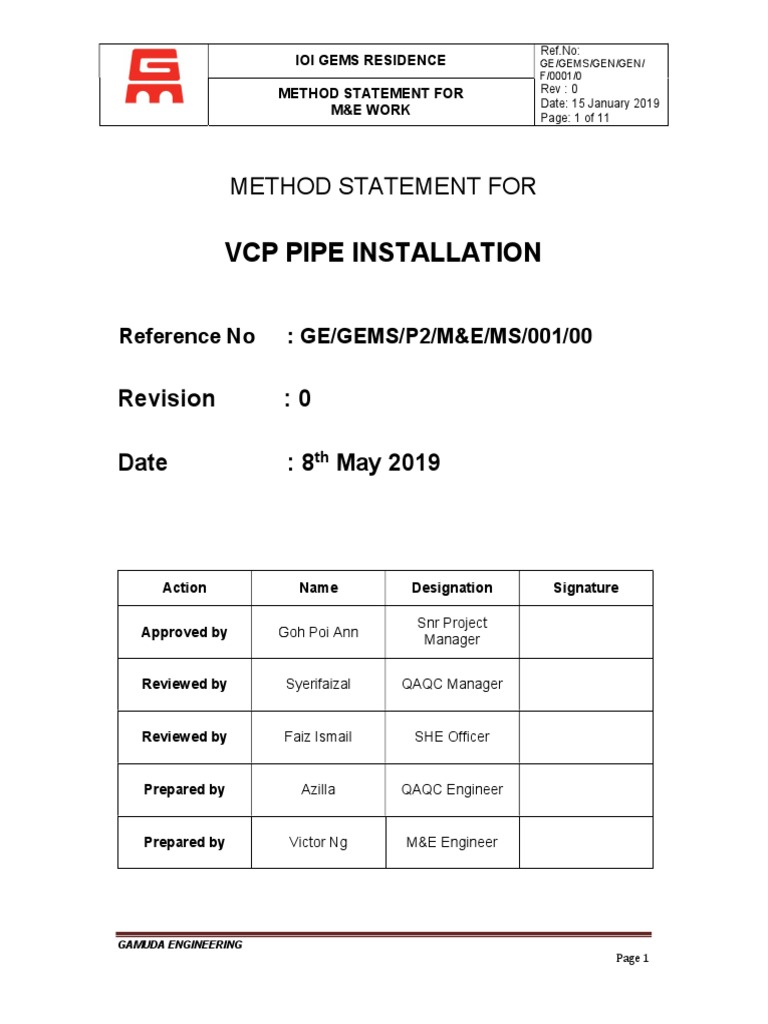 VCP Pipe Installation: Method Statement For | Download Free PDF ...