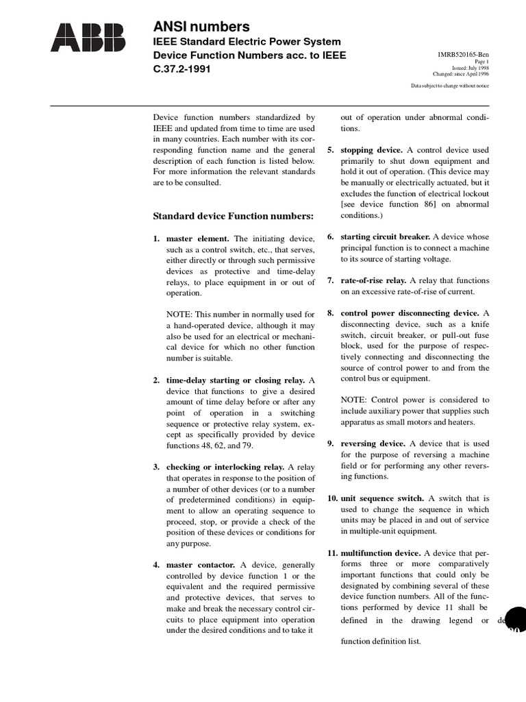 12 Kode IEEE and ANSI Device Numbers | PDF | Relay | Switch