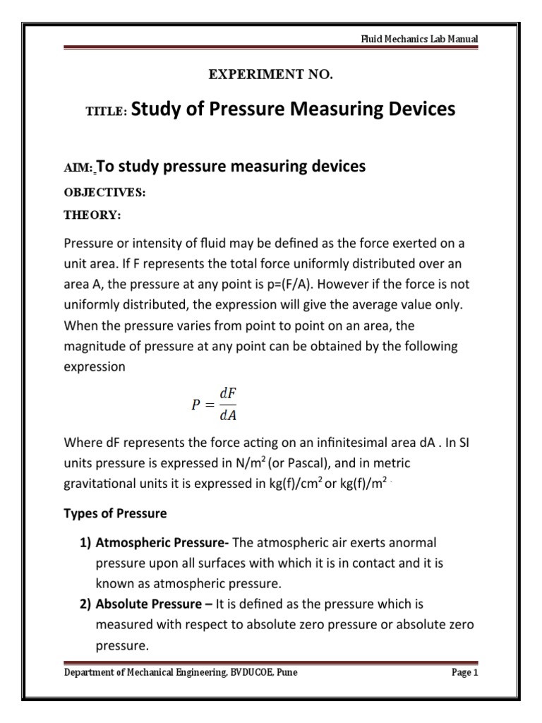 EXPT. No. 1 Pressure Measuring Devices | PDF | Pressure | Pressure ...