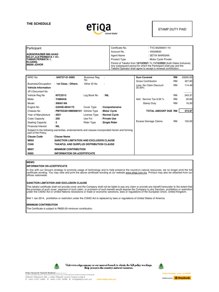 Etiqa Motorcycle Takaful Certificate | PDF | Information Privacy ...