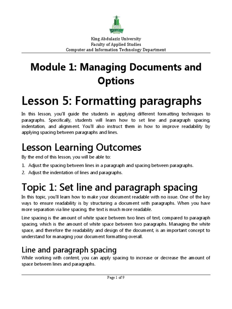Lesson 5: Formatting Paragraphs: Module 1: Managing Documents and ...