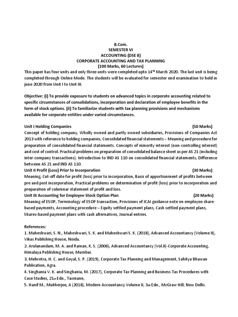 Corporate Accounting & Tax Planning Syllabus | PDF | Corporate Tax ...