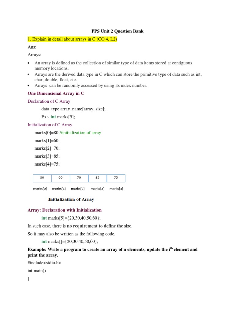 PPS Unit 2 Question Bank: One Dimensional Array in C | PDF | Pointer (Computer Programming ...