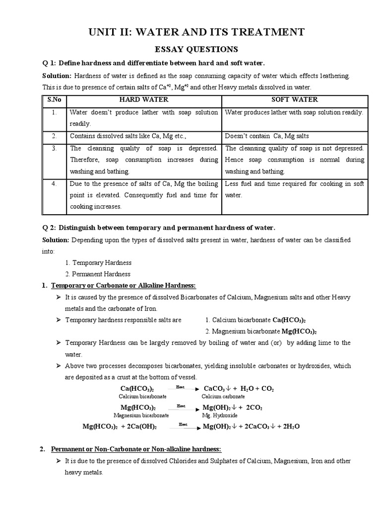Unit Ii: Water and Its Treatment: Essay Questions | Download Free PDF ...
