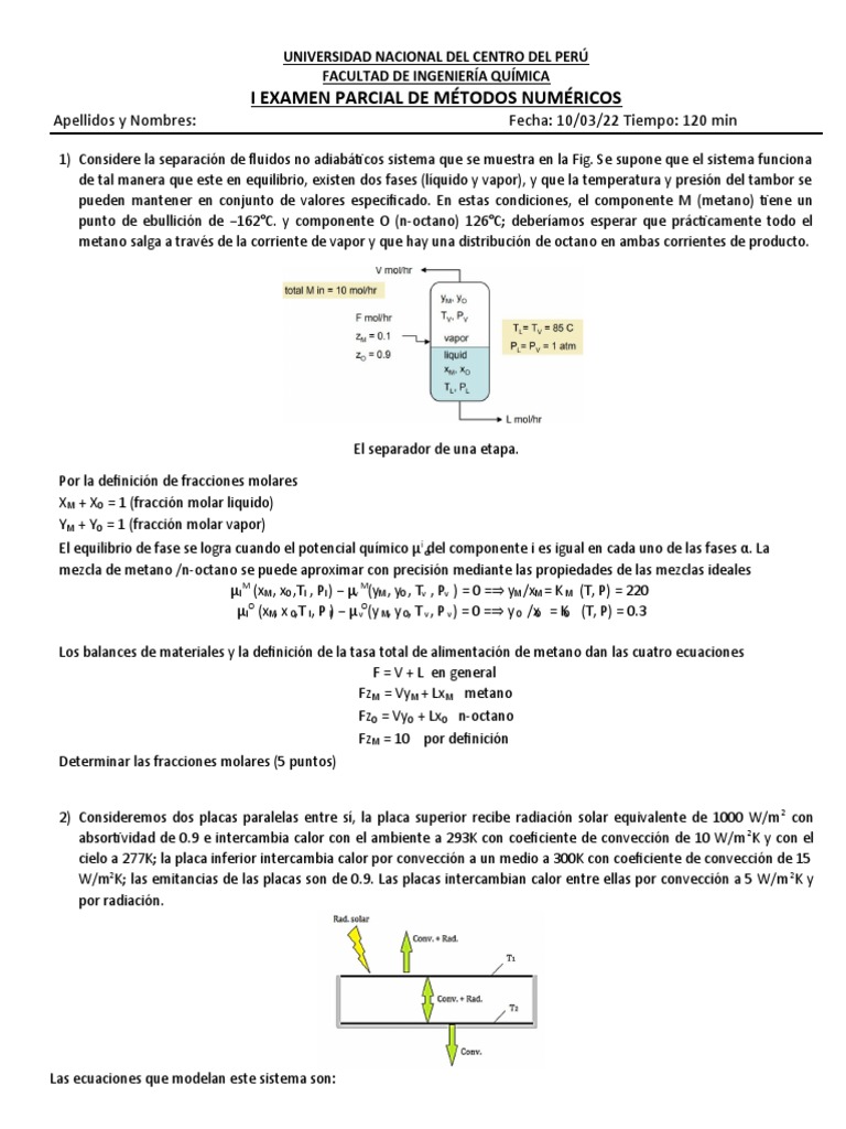 Primer Examen Parcial de Metodos Numericos | PDF | Convección | Reactor Quimico
