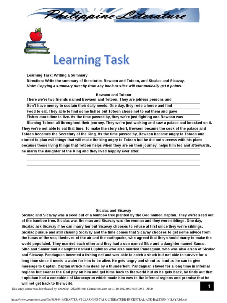 Chapter Vi Learning Task Literature in Central and Eastern Visayas | PDF