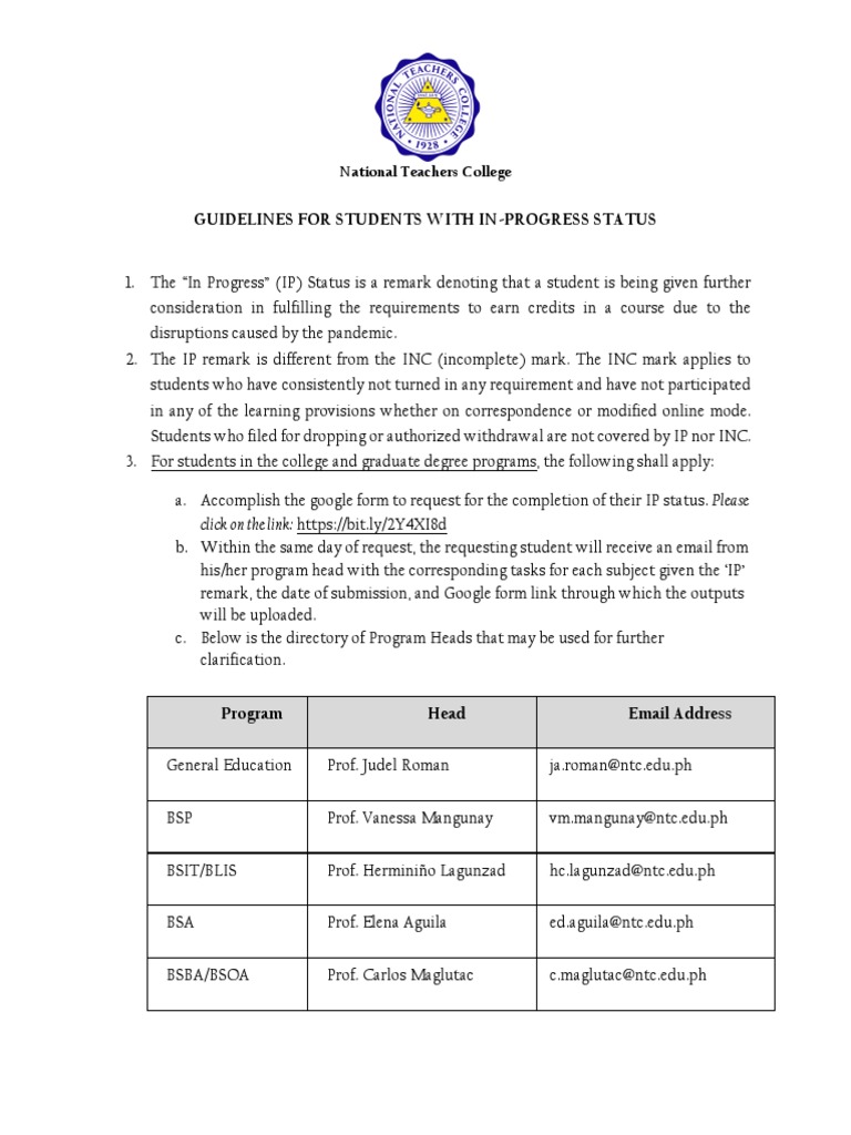 Guidelines For Students With In-Progress Status: Please Click On The ...