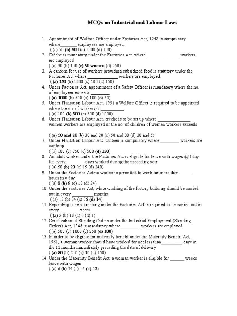 Mcqs On Industrial and Labour Laws | PDF | Wage | Employment