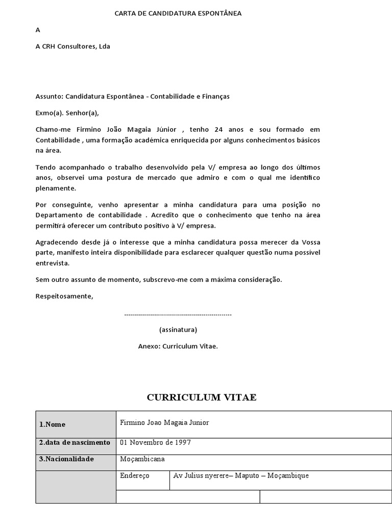 Carta de Candidatura Espontânea | PDF | Contabilidade