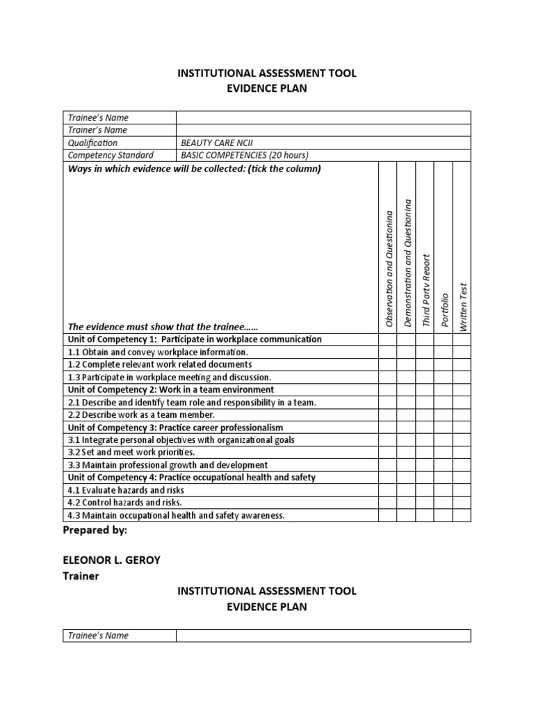 Institutional Assessment Tool Evidence Plan: Ways in Which Evidence Will Be Collected: (Tick The ...