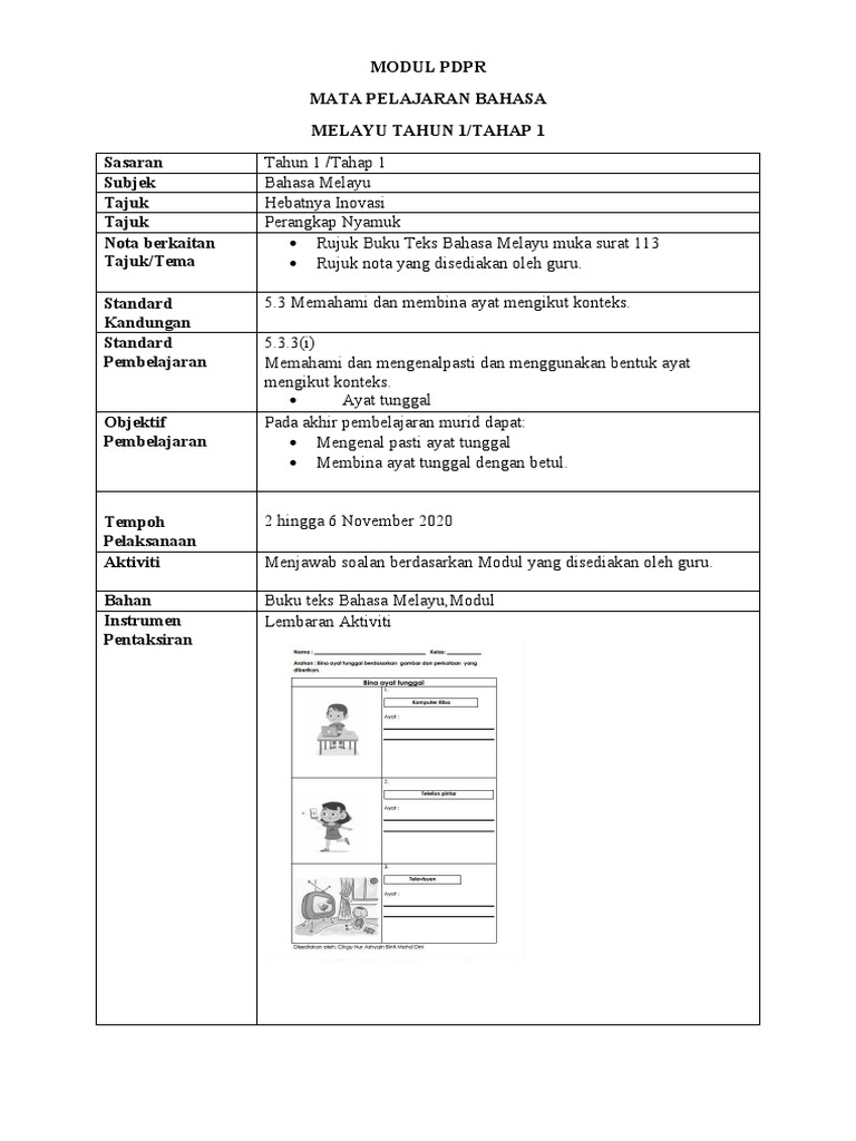Modul BM Tahun 1-Ayat Tunggal | PDF
