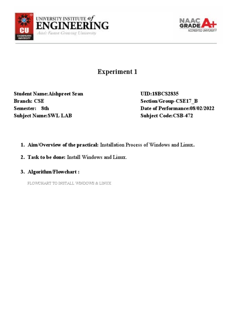Experiment 1: Flowchart To Install Windows & Linux | PDF | Linux | Operating System