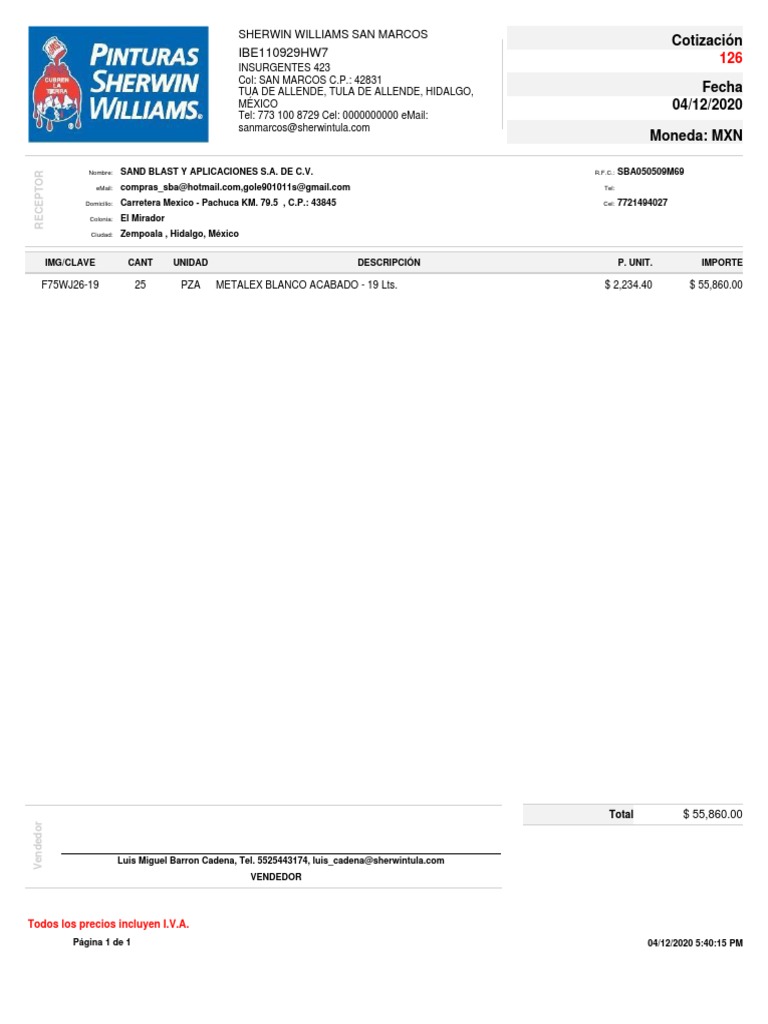 Cotización de Pintura Metalex Sherwin Williams | PDF