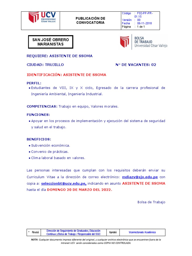 SAN JOSÉ OBRERO - Asistente de SSOMA - TRUJILLO | PDF