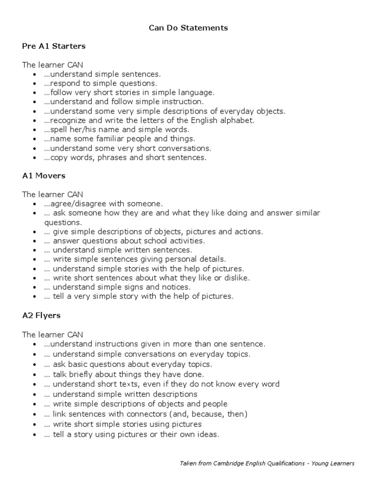 Can Do Statements Pre A1 Starters: Taken From Cambridge English ...