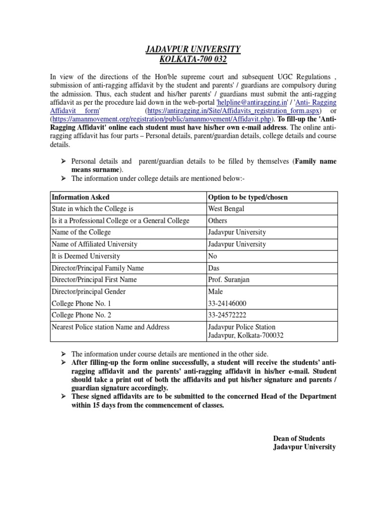 Jadavpur University KOLKATA-700 032: 'Helpline@antiragging - in Anti ...