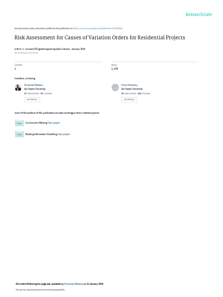 Risk Assessment For Causes of Variation Orders For Residential Projects ...