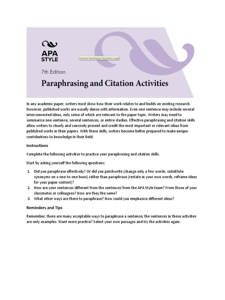 APA Paraphrasing Activity | PDF | Foods | Citation