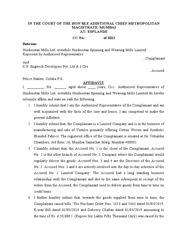 In The Court of The Hon'Ble Additional Chief Metropolitan Magistrate ...