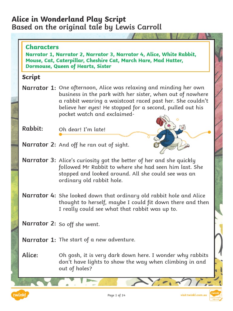 Alice in Wonderland Play Script Based On The Original Tale by Lewis Carroll | PDF | Alice's ...