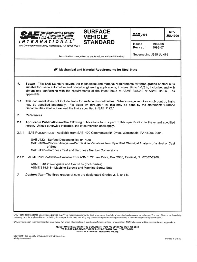 SAE J995 1999 Mechanical and Material Requirements For Steel Nuts | PDF