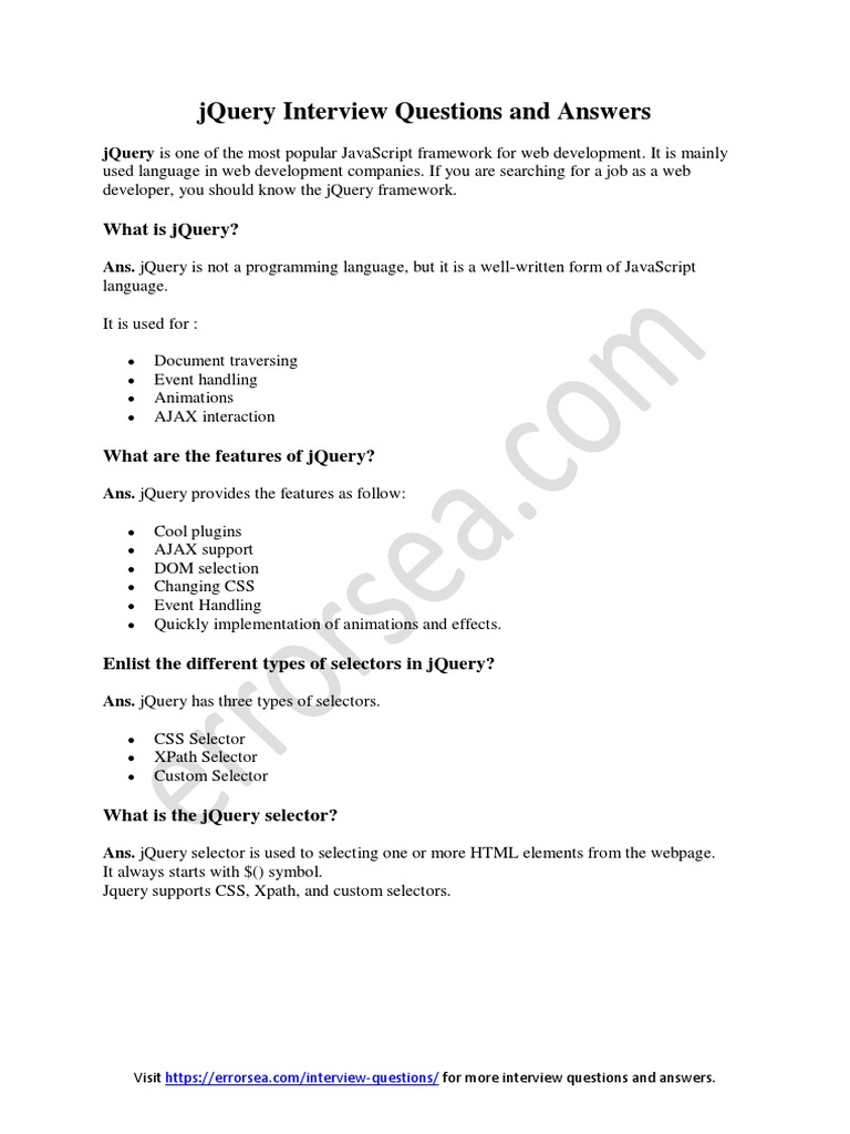Jquery Interview Questions and Answers For Experienced and Freshers | PDF | J Query | Html Element