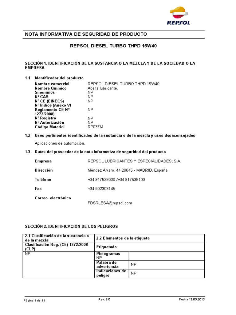 Repsol Diesel Turbo THPD 15W40 | PDF | Residuos | Agua