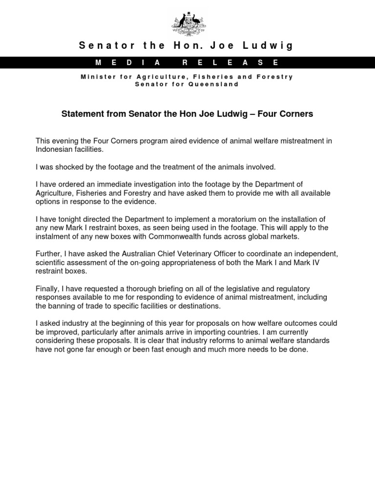 Joe Ludwig's Statement on Animal Welfare | PDF