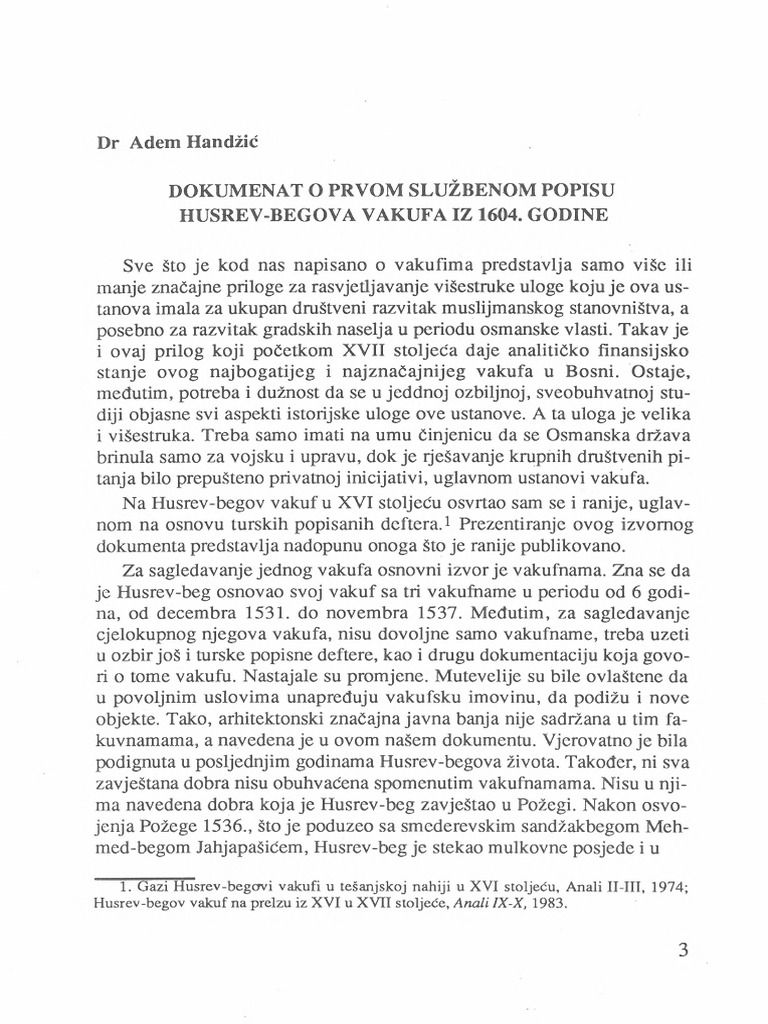 Handzic - Adem Dokumenat o Prvom Sluzbenom Popisu Husrev-Begova Vakufa ...
