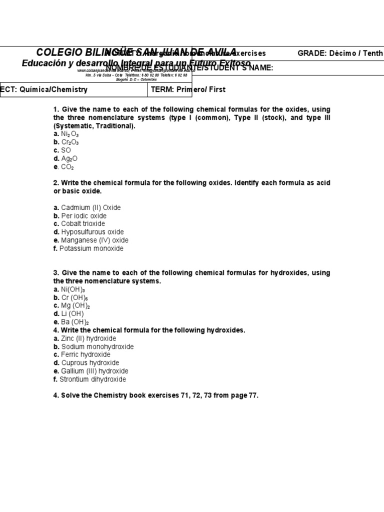 Inorganic Nomenclature Exercises for Chemistry | PDF | Foreign Language ...