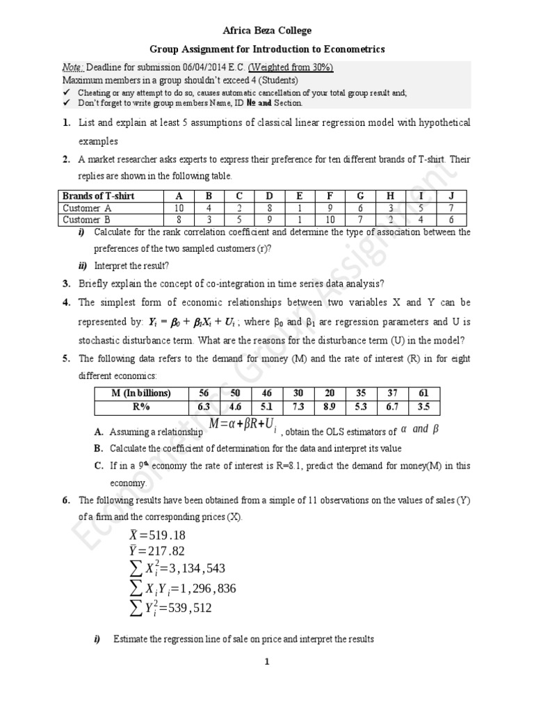 Group Assignment For Econometrics | PDF | Linear Regression | Regression Analysis