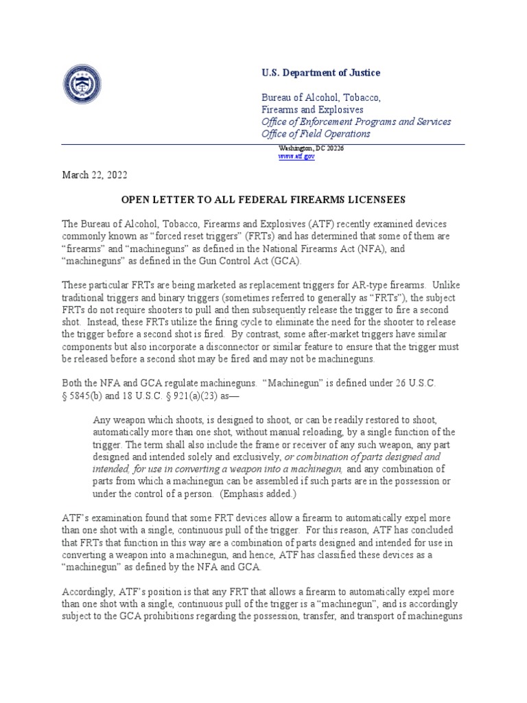 Open Letter To All FFLs - Forced Reset Triggers (FRTS) | PDF ...