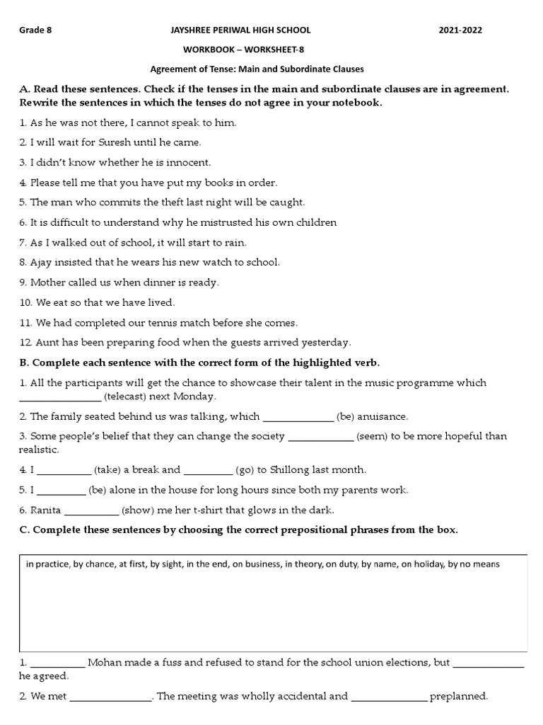 Grade-8 - Worksheet - Agreement of Tenses - Main and Subordinate Clause ...