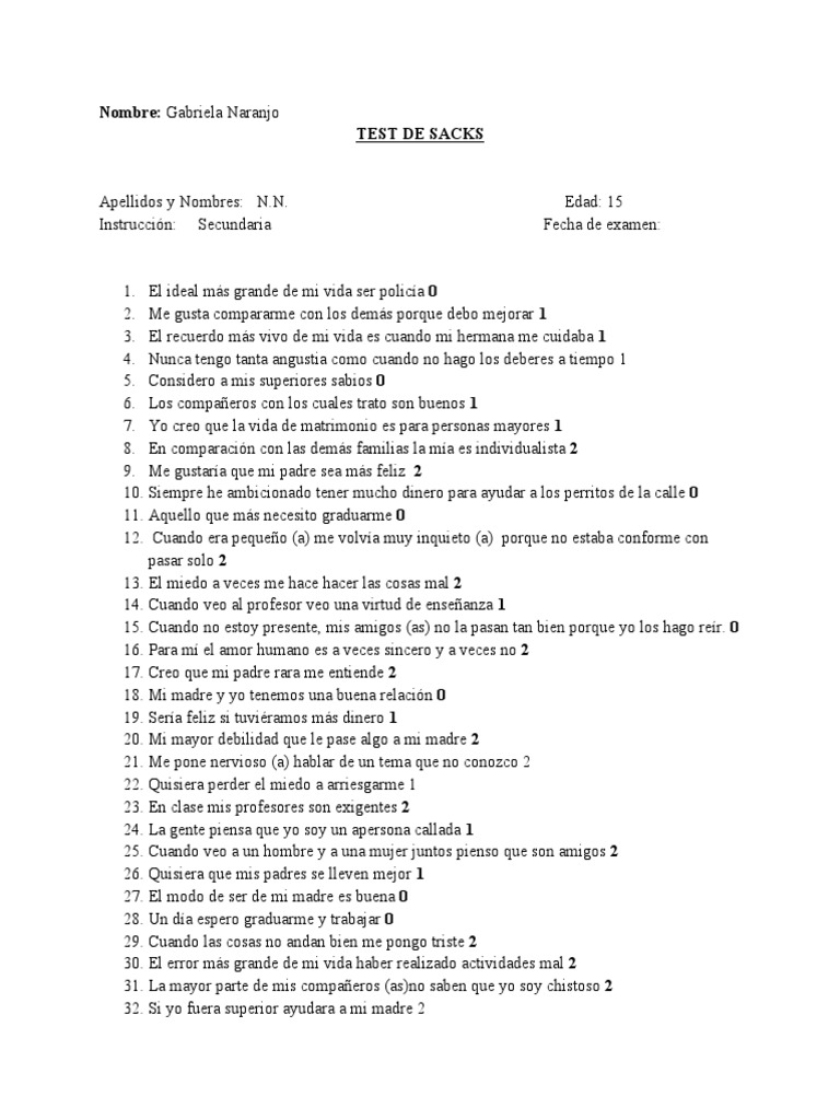 Test Sacks para Adolescentes de 15 Años | PDF