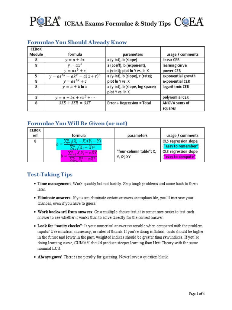 CCEA Formula Sheet | PDF | Ordinary Least Squares | Regression Analysis