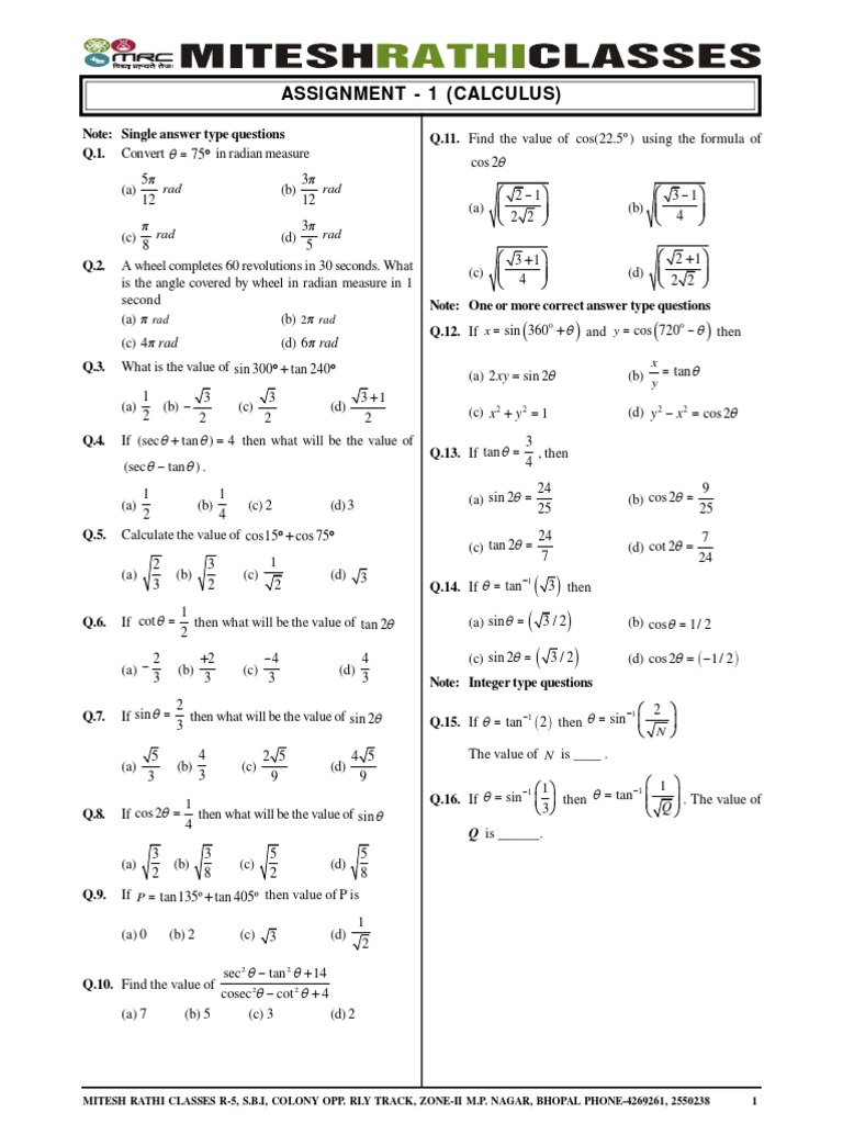 Calculus 1 Assignment | PDF | Elementary Mathematics | Angle