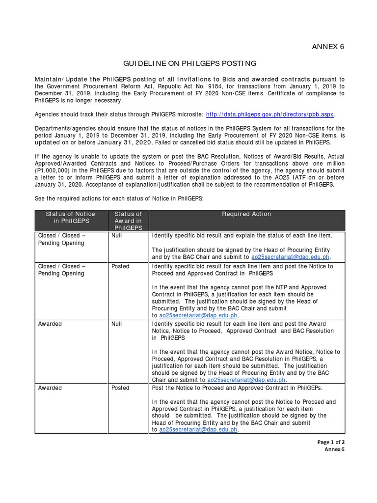 Annex 6 Guideline On PhilGEPS Posting 1 | PDF | Procurement | Government