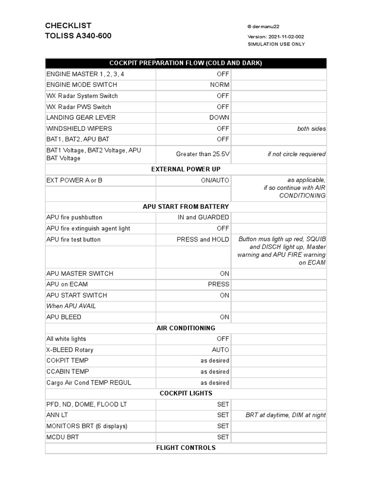 CHECKLIST A340-600-ToLiss-V002 | PDF | Cockpit | Vehicles