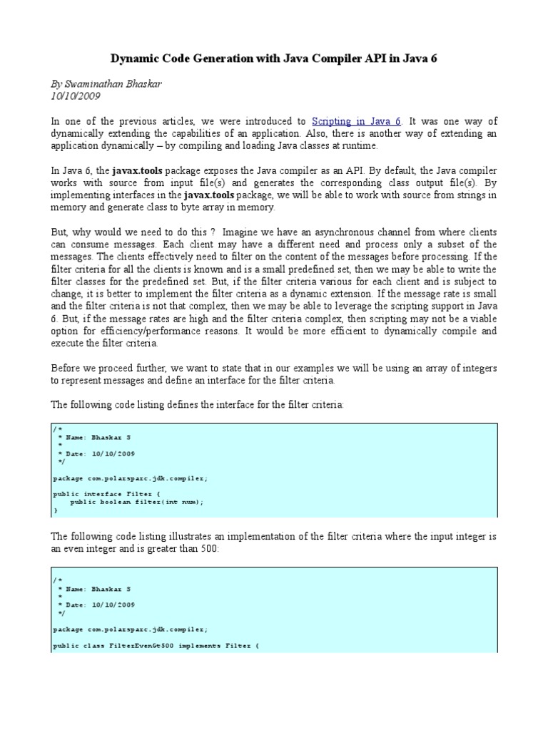 Dynamic Code Generation With Java Compiler Api In Java 6 By