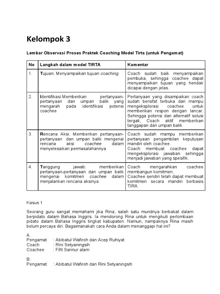 Lembar Observasi Proses Praktek Coaching Model Tirta | PDF