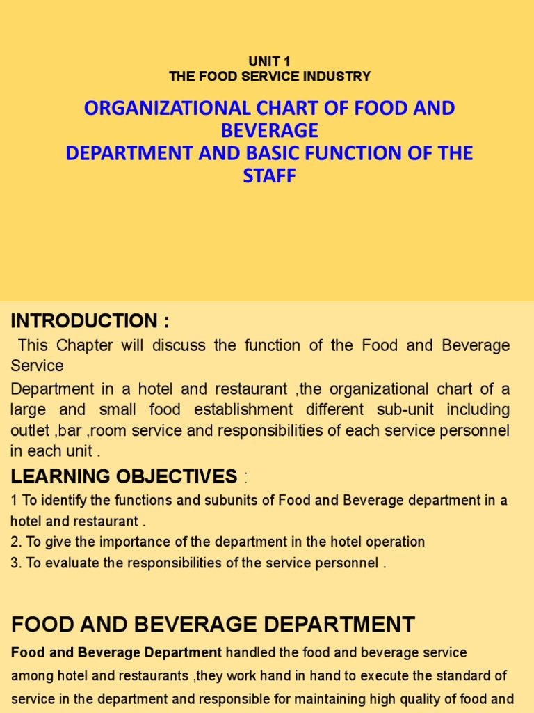 Unit 1 The Food Service Industry Organizational Chart of Food and ...
